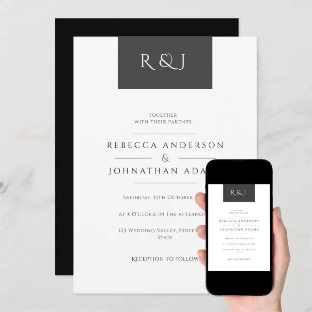 Simple Chic Black and White Monogrammed Wedding Invitation | Zazzle