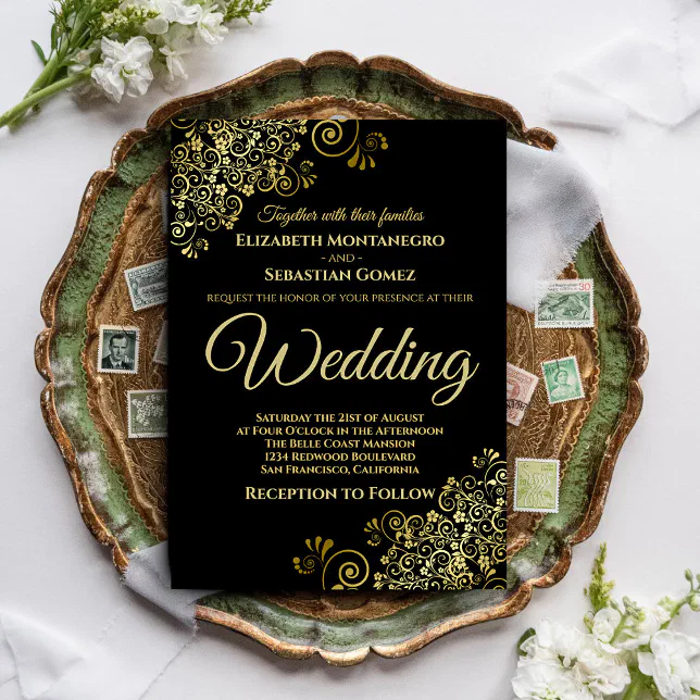 Simple Chic Black & Gold Elegant Wedding Invitation | Zazzle