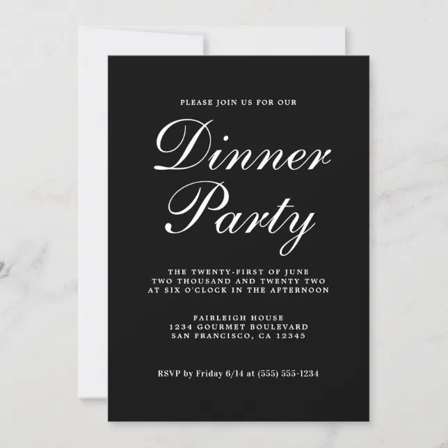 Simple Chic Calligraphy Black Dinner Party Invitation | Zazzle