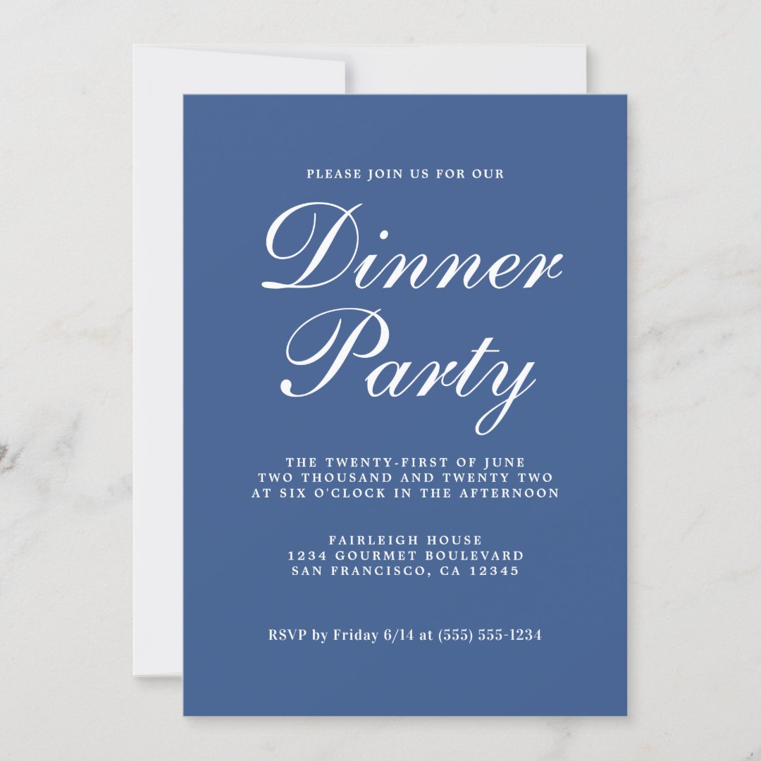 Simple Chic Calligraphy Classic Blue Dinner Party Invitation | Zazzle