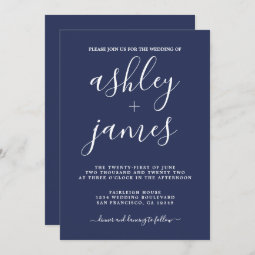 Simple Chic Calligraphy Dark Blue Wedding Invitation | Zazzle