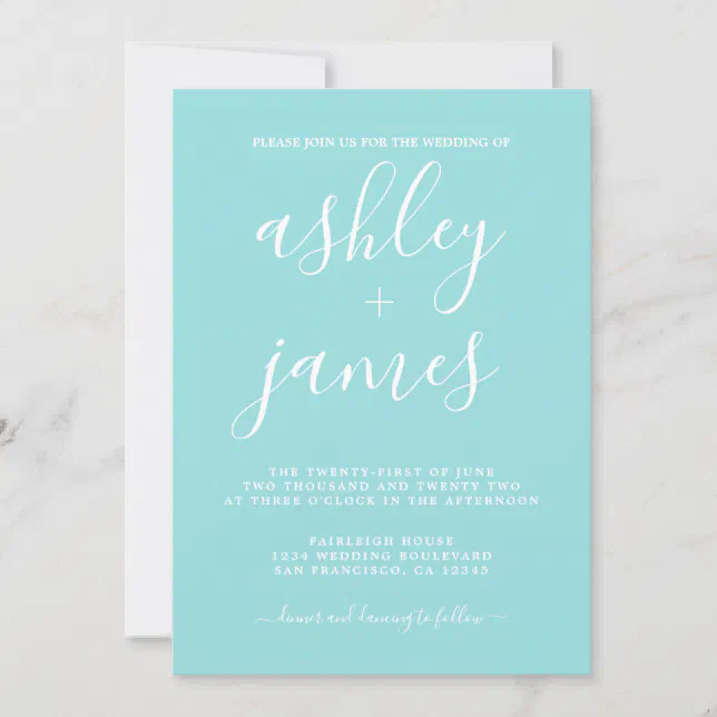 Simple Chic Calligraphy Turquoise Blue Wedding Invitation | Zazzle
