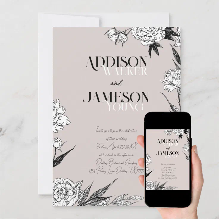 Simple Chic Floral Sketch Minimalist Wedding Invit Invitation | Zazzle