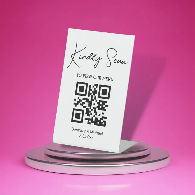 simple chic minimal qr code wedding menu pedestal sign | Zazzle