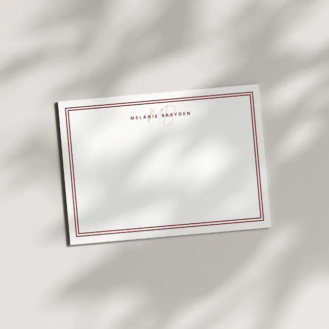 Simple Chic Minimalist Monogram Two Border Maroon Note Card | Zazzle