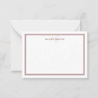 Simple Chic Minimalist Monogram Two Border Maroon Note Card | Zazzle