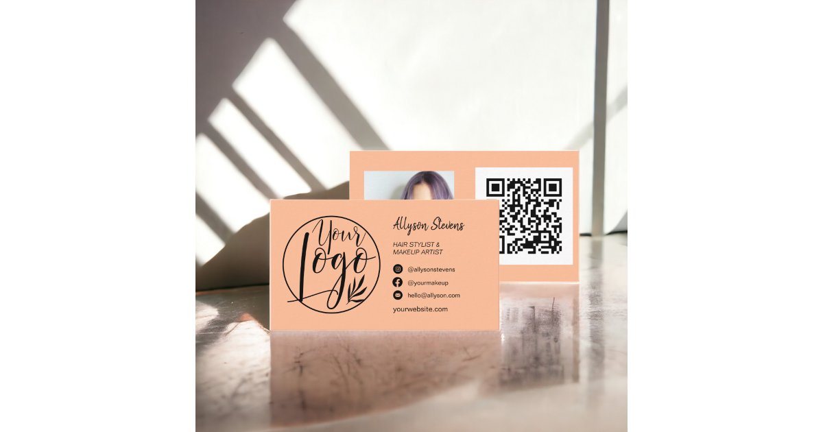 Simple chic peach hair makeup photo logo qr code business card | Zazzle