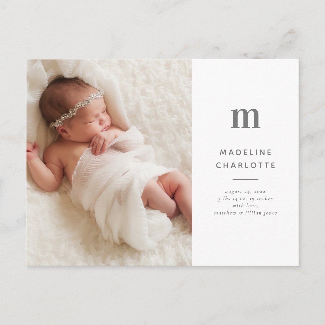 Simple & Chic Photo Birth Announcement Postcard | Zazzle