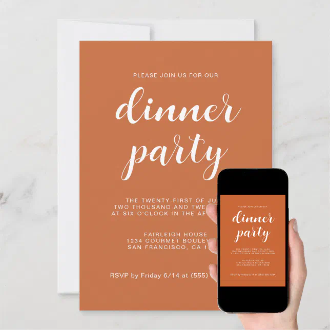 Simple Chic Script Burnt Orange Dinner Party Invitation | Zazzle