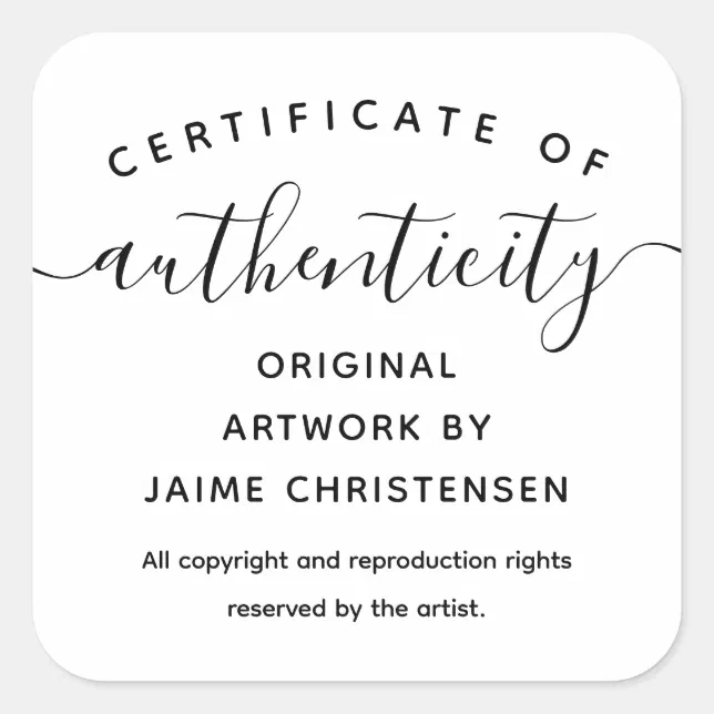 Simple Chic Script Certificate of Authenticity Square Sticker | Zazzle