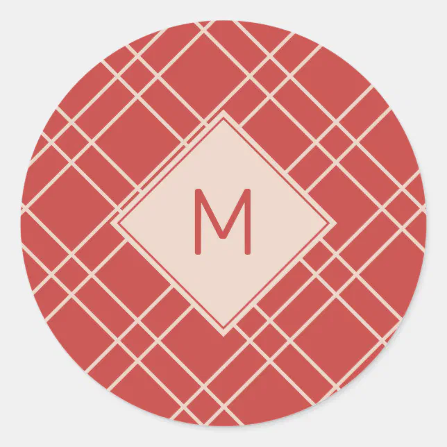 Simple Christmas Red and Cream Monogram Checks Classic Round Sticker ...