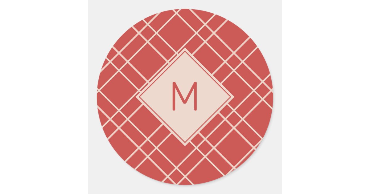 Simple Christmas Red and Cream Monogram Checks Classic Round Sticker ...