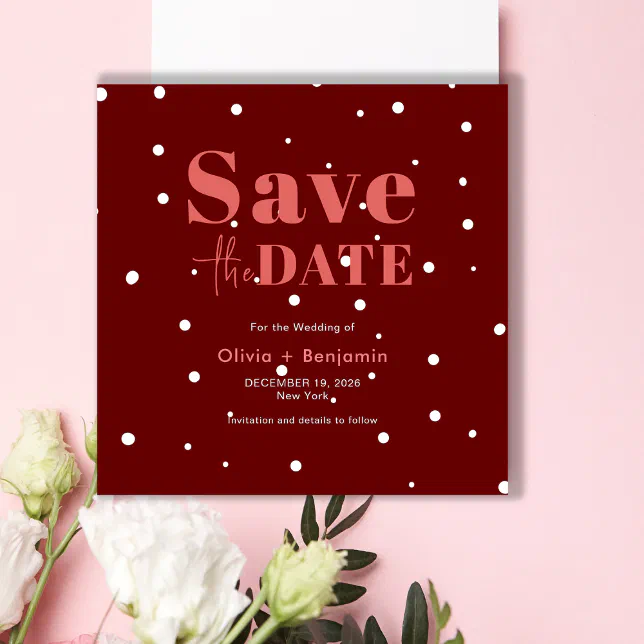 Simple Christmas Red Snowy Wedding Save The Date Invitation | Zazzle