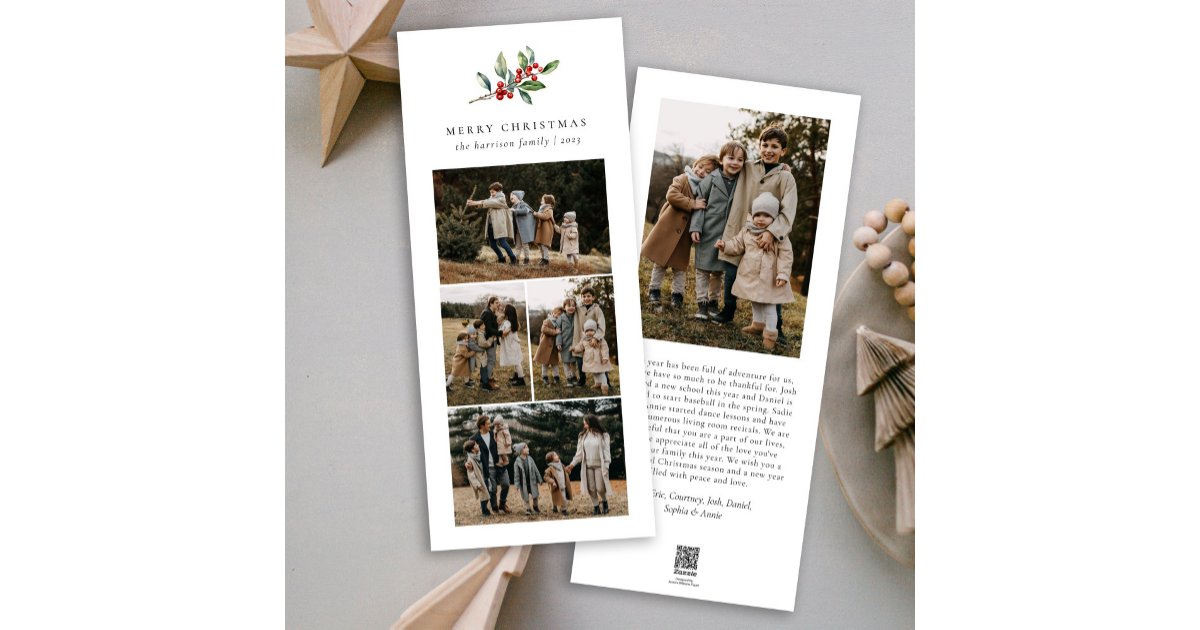 Simple Christmas Watercolor Floral Photo Collage Holiday Card | Zazzle
