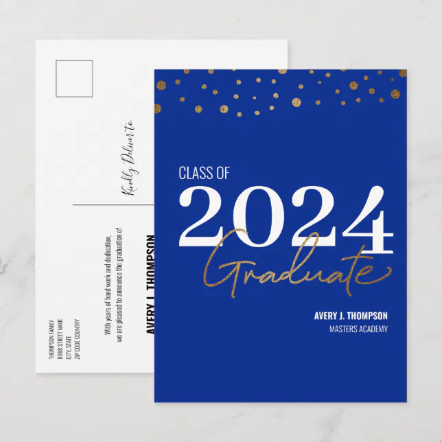 Simple Class of 2024 Graduate Blue Personalized Announcement Postcard ...