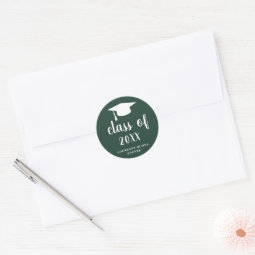 Simple Classic Forest Green White Graduation Cap Classic Round Sticker ...