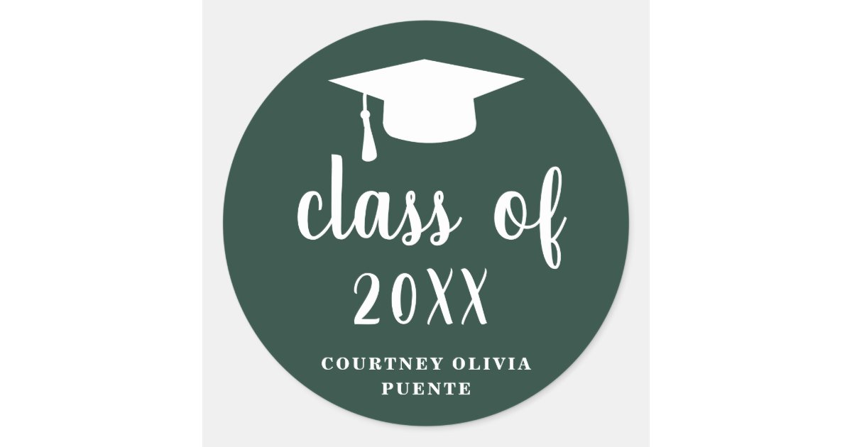 Simple Classic Forest Green White Graduation Cap Classic Round Sticker ...