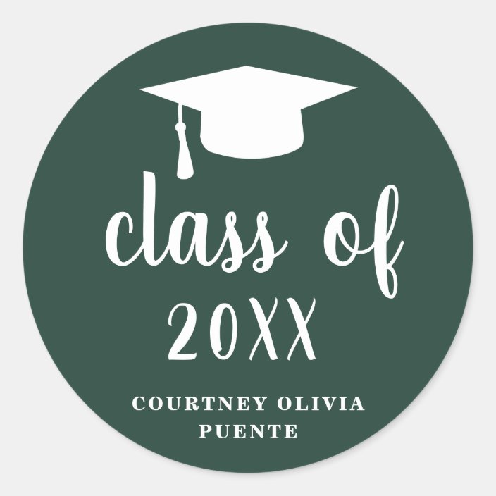 Simple Classic Forest Green White Graduation Cap Classic Round Sticker ...