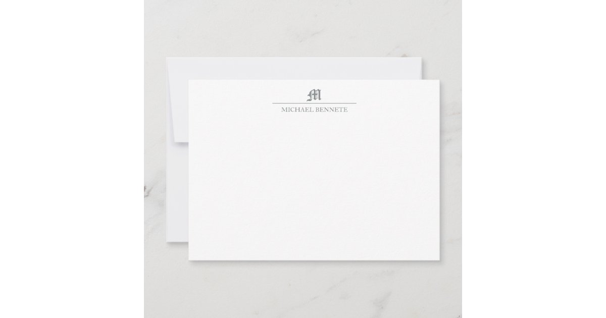 Simple Classic Gothic Line Monogram Metallic Gray Note Card | Zazzle