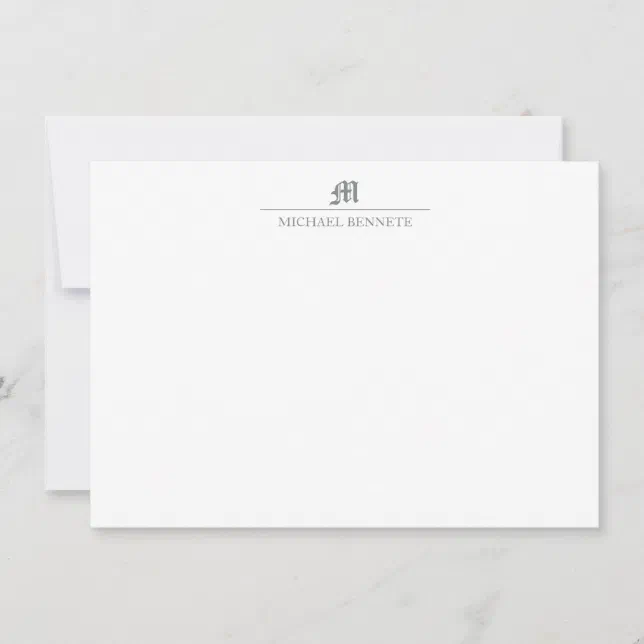 Simple Classic Gothic Line Monogram Metallic Gray Note Card | Zazzle