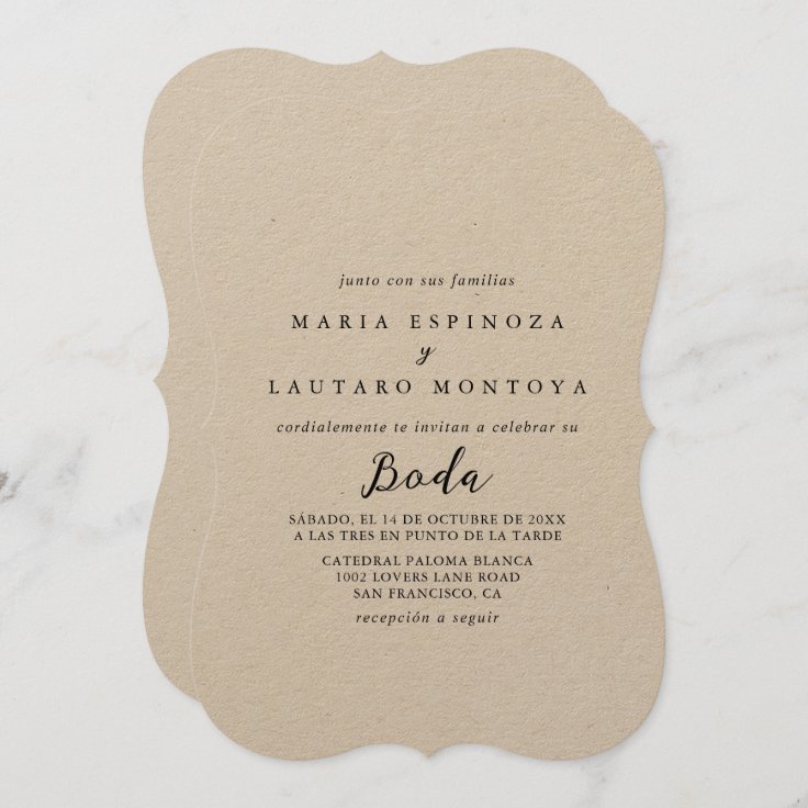 Simple Classic Kraft Spanish Wedding Invitation | Zazzle