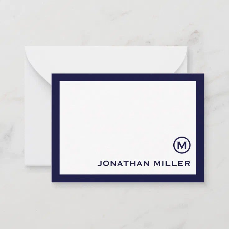 Simple Classic Monogram Navy White Note Card | Zazzle