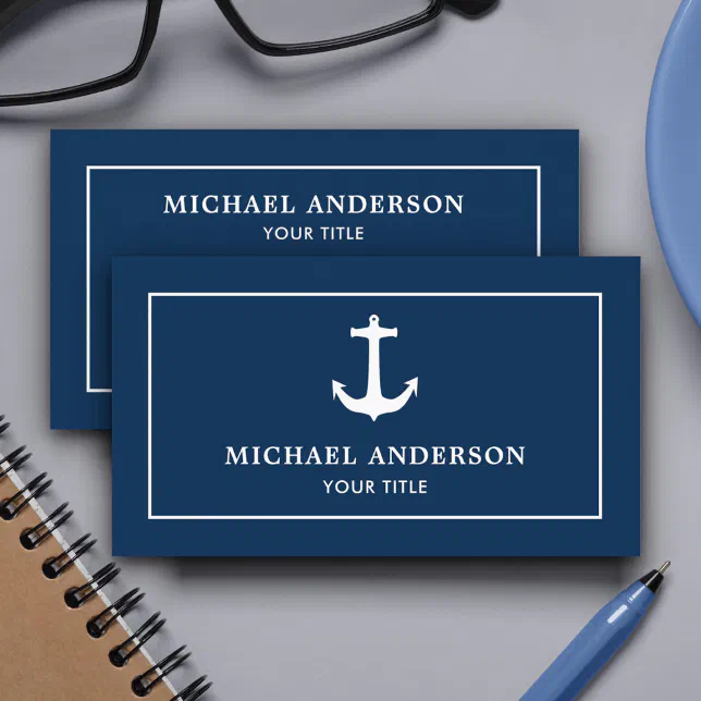 Simple Classic Navy Blue White Nautical Anchor Business Card | Zazzle