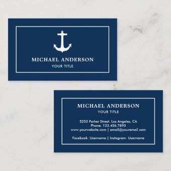 Simple Classic Navy Blue White Nautical Anchor Business Card | Zazzle