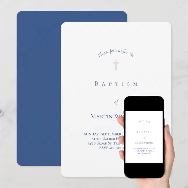 simple classic white and blue Baptism Invitation | Zazzle