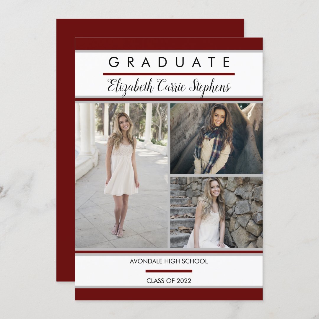 Simple Classy Three Photo Dk Red Graduation Announcement | Zazzle