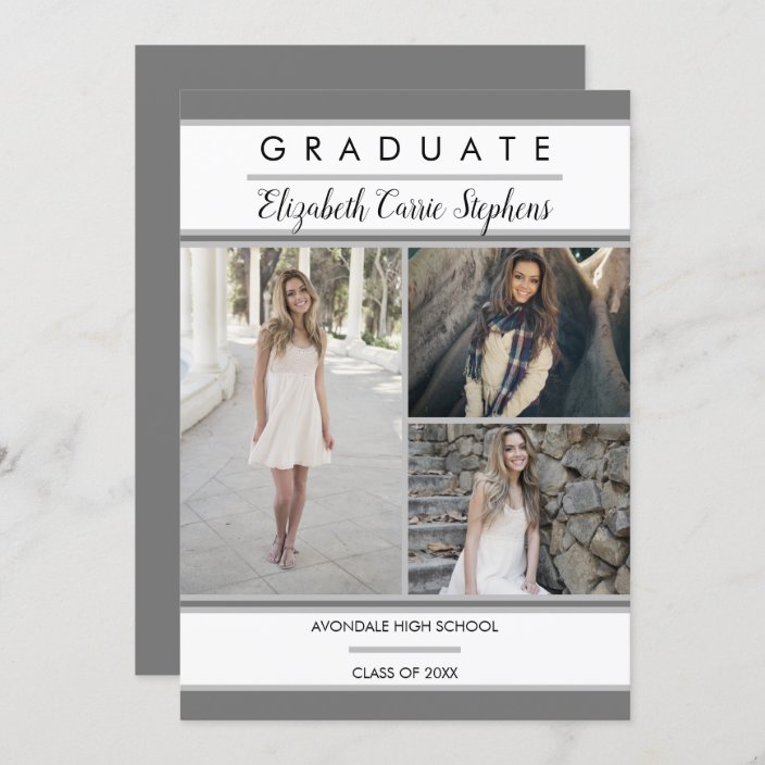 Simple Classy Three Photo Gray Graduation Announcement | Zazzle.com
