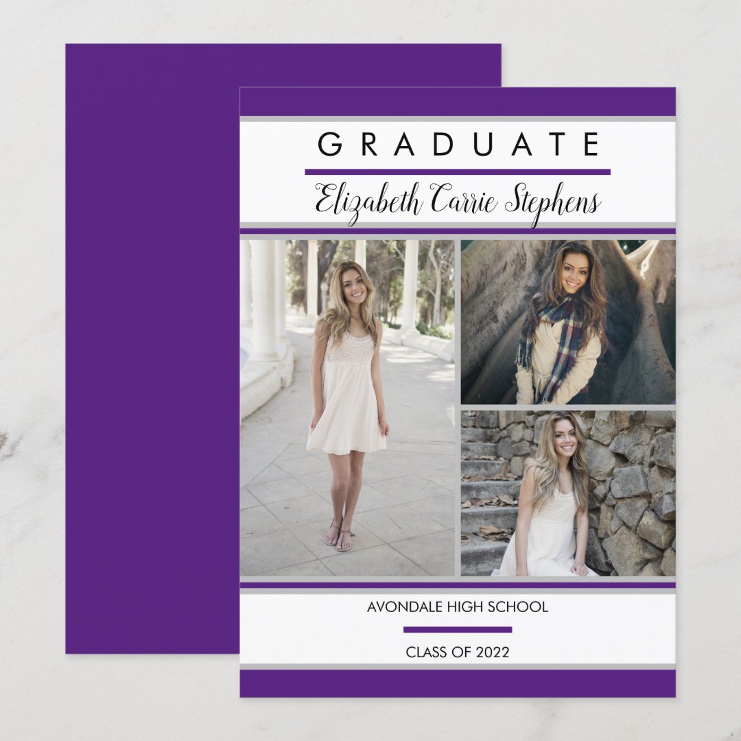 Simple Classy Three Photo Purple Graduation Announcement | Zazzle
