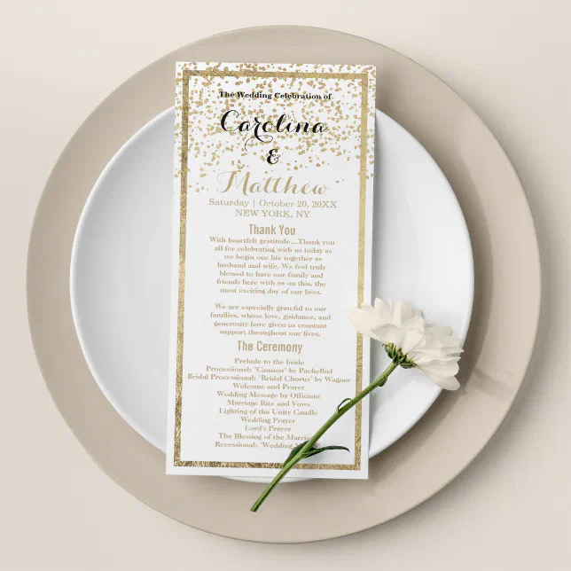 Simple classy white gold confetti Wedding Program | Zazzle