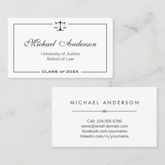 Simple Clean Black and White Law School Student Calling Card | Zazzle