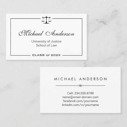 Simple Clean Black and White Law School Student Calling Card | Zazzle