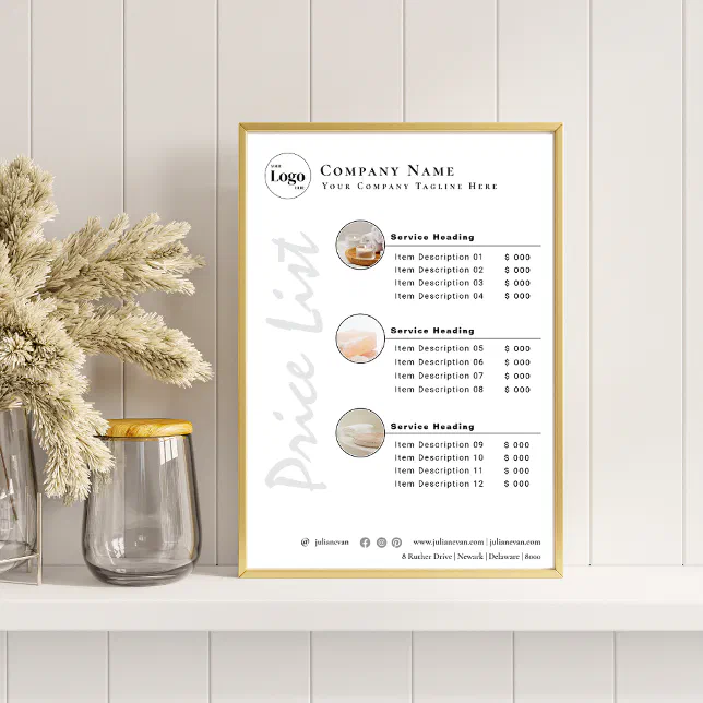 Simple Clean Minimalist White Photo Price List Poster | Zazzle