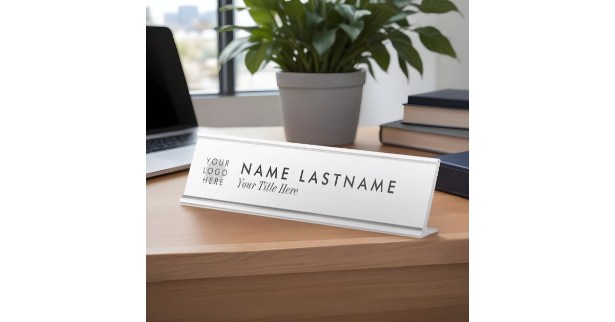 Simple Clean White Custom Logo Desk Nameplate | Zazzle
