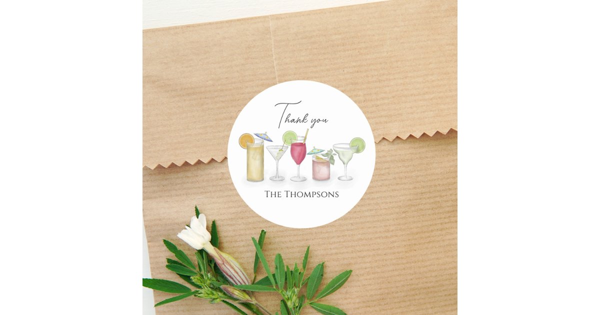 Simple Cocktail Drinks Watercolor Fun Thank You Classic Round Sticker ...