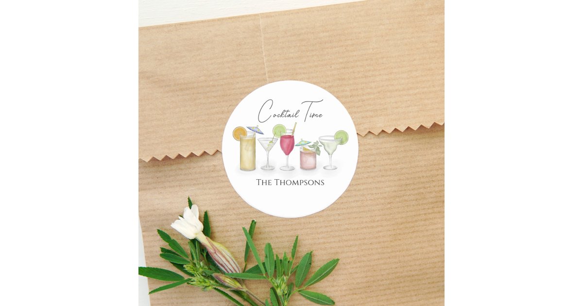 Simple Cocktail Drinks Watercolor Whimsical Fun Classic Round Sticker ...