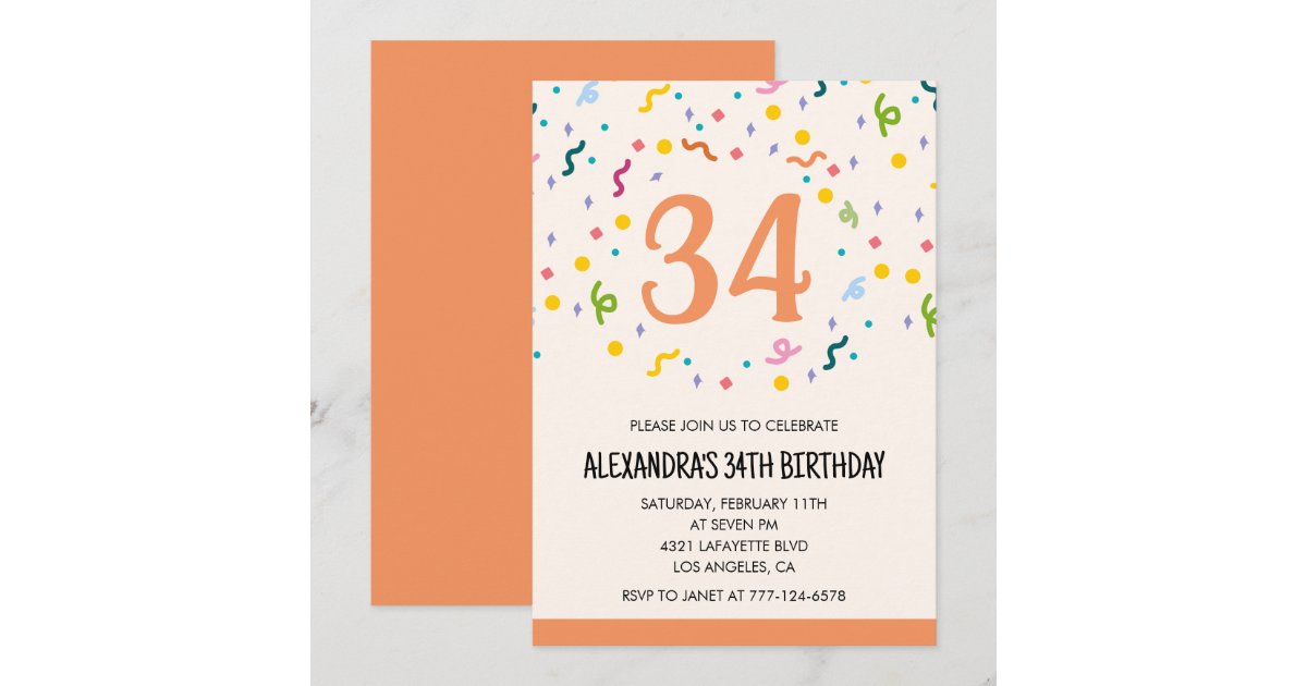 Simple Confetti 34th birthday invitations Modern | Zazzle