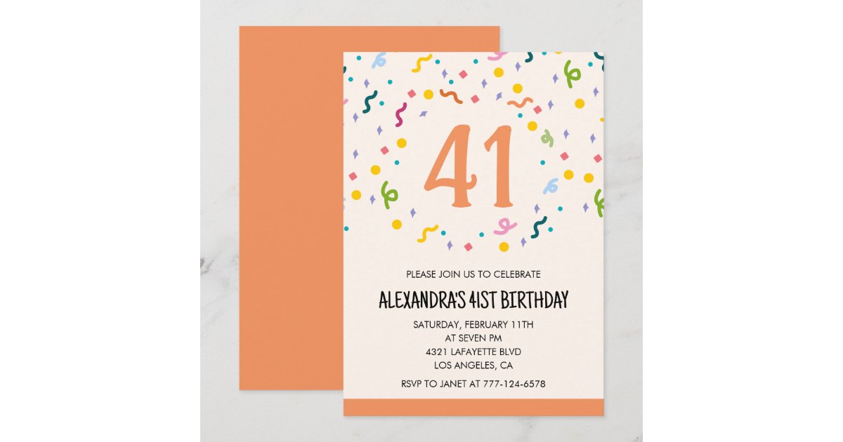Simple Confetti 41st birthday invitations Modern | Zazzle