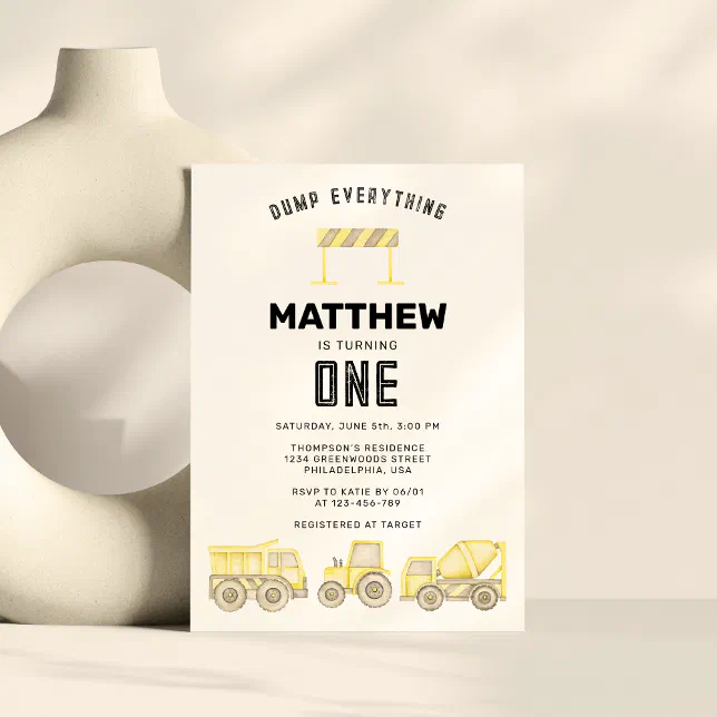 Simple Construction Vehicles First Birthday Invitation | Zazzle