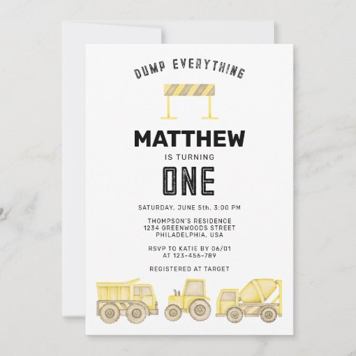 Simple Construction Vehicles First Birthday Invitation | Zazzle