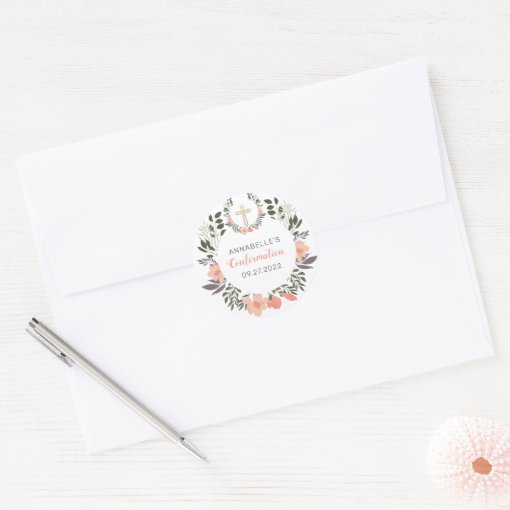 Simple Coral Floral Confirmation Classic Round Sticker | Zazzle