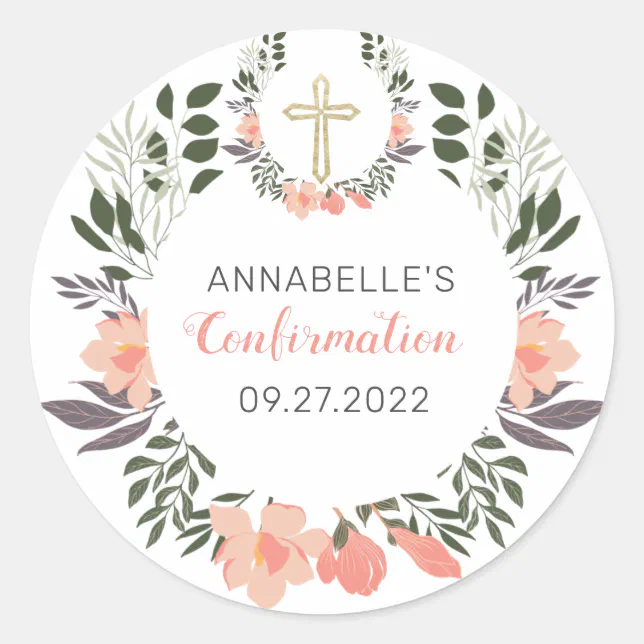 Simple Coral Floral Confirmation Classic Round Sticker | Zazzle