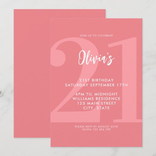 Simple Coral Pink Modern 21st Birthday Invitation | Zazzle