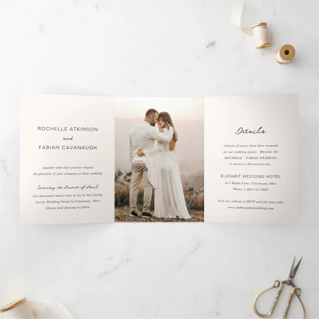 Simple Cream Photo Elegant Wedding Tri-Fold Invitation | Zazzle