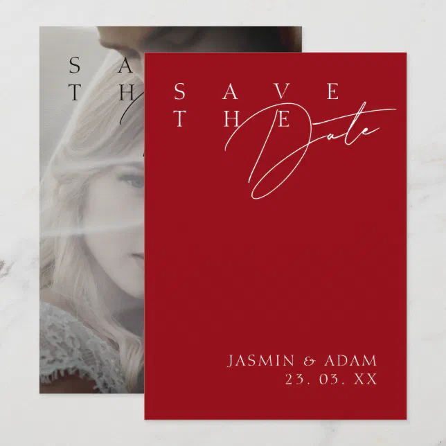 Simple Crimson Red White Modern Photo Wedding Save The Date | Zazzle