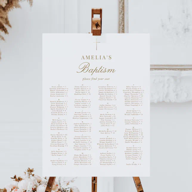 Simple Cross Baptism Alphabetical Seating Chart Foam Board | Zazzle