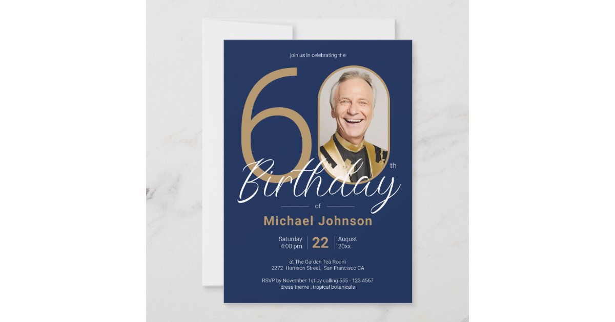 Simple Custom Photo Navy Blue 60th Birthday Invitation | Zazzle